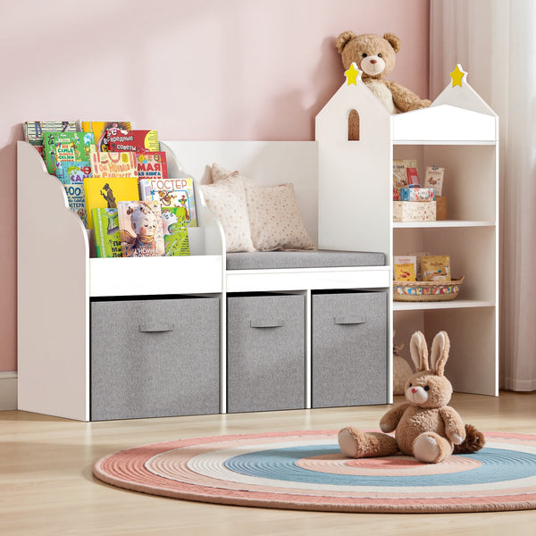 spanspace Kids Bookshelf with Reading Nook, 4 Cube Bookcase with 4-Tie ...